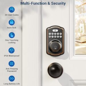 Veise Keyless Entry Door Lock with 2 Door Knobs - Keypad Door Lock with Handle, Front Door Lock Set, Electronic Keypad Deadbolt Smart Lock, Auto Lock, Easy Installation, Oil-Rubbed Bronze