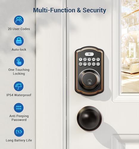 Veise Keyless Entry Door Lock with 2 Door Knobs - Keypad Door Lock with Handle, Front Door Lock Set, Electronic Keypad Deadbolt Smart Lock, Auto Lock, Easy Installation, Oil-Rubbed Bronze