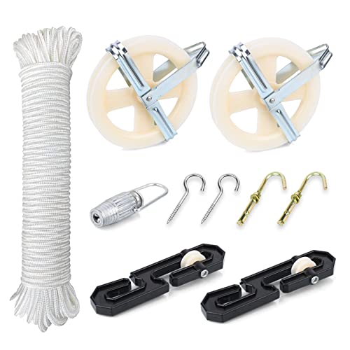 TooTaci Outdoor Clothesline Kit,Clothes Line Pulley Kit,5" Nylon Clothesline Pulley,150ft Polyester Clothes Line Ropes for Outside,Clotheslines S Separator Spreader,Clothesline Tightener,Hooks