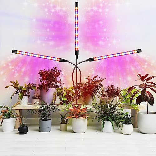 ZXMEAN LED Grow Light, 3 Heads Red Blue White Full Spectrum Plant Light with Clamp for Indoor Plants & Seed Starting, 10-Level Dimmable, Auto On Off, Timing 4 9 12Hrs