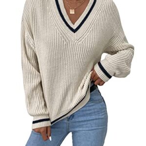 SHENHE Women's V Neck Ribbed Knit Long Sleeve Drop Shoulder Pullover Sweater Tops Beige M