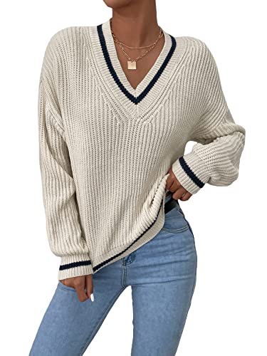 SHENHE Women's V Neck Ribbed Knit Long Sleeve Drop Shoulder Pullover Sweater Tops Beige M