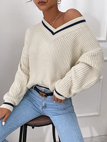 SHENHE Women's V Neck Ribbed Knit Long Sleeve Drop Shoulder Pullover Sweater Tops Beige M