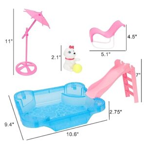 Yellow River Glam Doll Pool, 12" Summer Beach Bath Suit Doll Playset, with Slide, Umbrella and Chair. Gift for Girls Age 3 4 5 6 7 for Christmas (Doll Include)