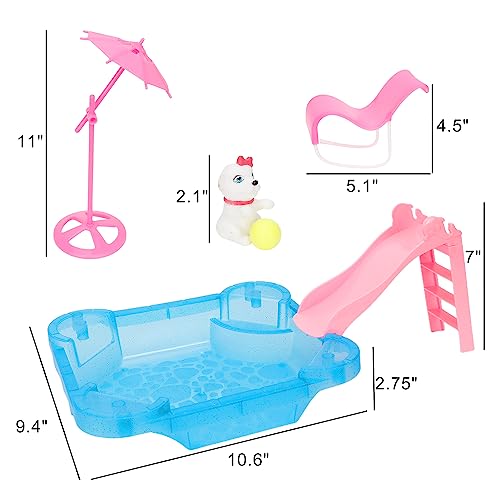 Yellow River Glam Doll Pool, 12" Summer Beach Bath Suit Doll Playset, with Slide, Umbrella and Chair. Gift for Girls Age 3 4 5 6 7 for Christmas (Doll Include)