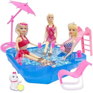 yellow river glam doll pool, 12" summer beach bath suit doll playset, with slide, umbrella and chair. gift for girls age 3 4 5 6 7 for christmas (doll include)