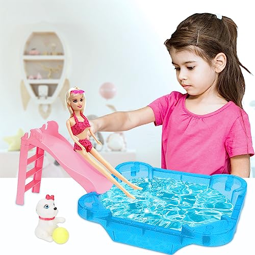 Yellow River Glam Doll Pool, 12" Summer Beach Bath Suit Doll Playset, with Slide, Umbrella and Chair. Gift for Girls Age 3 4 5 6 7 for Christmas (Doll Include)