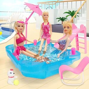 Yellow River Glam Doll Pool, 12" Summer Beach Bath Suit Doll Playset, with Slide, Umbrella and Chair. Gift for Girls Age 3 4 5 6 7 for Christmas (Doll Include)