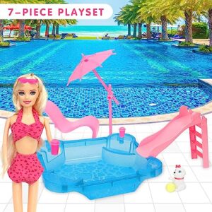 Yellow River Glam Doll Pool, 12" Summer Beach Bath Suit Doll Playset, with Slide, Umbrella and Chair. Gift for Girls Age 3 4 5 6 7 for Christmas (Doll Include)