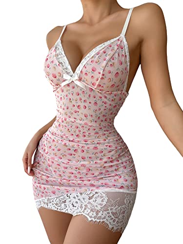 SOLY HUX Women's Floral Print Lace Trim Deep V Neck Babydoll Lingerie Chemise Nightgown with Thong 2 Piece Pink Floral M