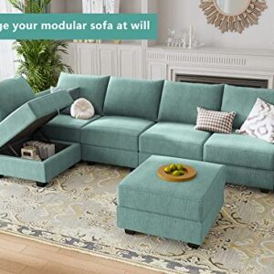 HONBAY Modular Sectional Sofa Sleeper Couch U Shaped Modular Couch with Storage Seats Full Size Modular Sofa Bed for Living Room, Aqua Blue