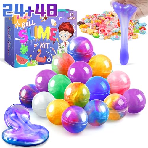 24+48 Galaxy Slime Party Favors for Kids, Slime Balls Pack Bulk Unicorn Mermaid Stress Relief Slime Gift Toys with Rings Slime Charms for Girls Boys 10-12, Crystal Clear Non-Sticky, Fluffy, Slime Kits