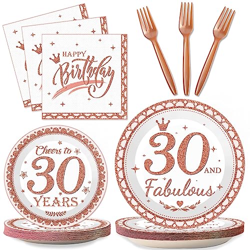 30th Birthday Plates and Napkins Rose Gold Party Supplies 30 and Fabulous Happy Birthday Tableware Set Cheers to 30 Years Party Decorations Table Decors for Women Girl 24 Guests