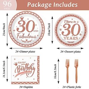 30th Birthday Plates and Napkins Rose Gold Party Supplies 30 and Fabulous Happy Birthday Tableware Set Cheers to 30 Years Party Decorations Table Decors for Women Girl 24 Guests