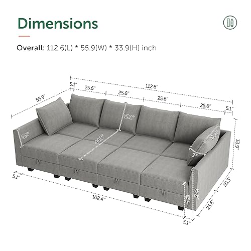 HONBAY Modular Sectional Sofa Bed with Ottomans U Shape Modular Couch Sectional Sleeper Modular Sofa with Storage Seats, Grey