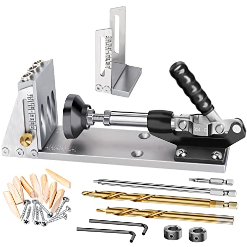 Pocket Hole Jig Kit, Professional Woodworking Pocket Screw Jip, Upgraded All-Metal Dowel Jig Kit for Carpentry Joinery Men