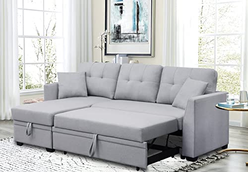 Sleeper Sectional Sofa Pull Out Sofa Bed for Small Spaces Small Sectional Couch Bed for Living Room with Storage Chaise for Apartment Bedroom,Guest Room, Grey