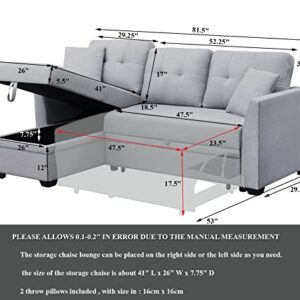 Sleeper Sectional Sofa Pull Out Sofa Bed for Small Spaces Small Sectional Couch Bed for Living Room with Storage Chaise for Apartment Bedroom,Guest Room, Grey