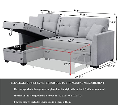 Sleeper Sectional Sofa Pull Out Sofa Bed for Small Spaces Small Sectional Couch Bed for Living Room with Storage Chaise for Apartment Bedroom,Guest Room, Grey