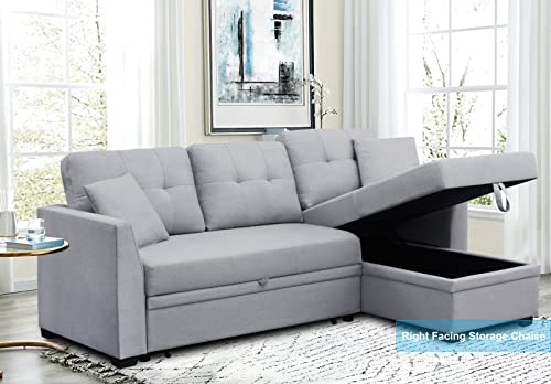 Sleeper Sectional Sofa Pull Out Sofa Bed for Small Spaces Small Sectional Couch Bed for Living Room with Storage Chaise for Apartment Bedroom,Guest Room, Grey