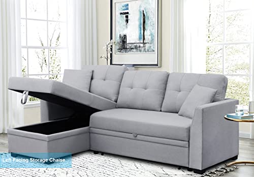 Sleeper Sectional Sofa Pull Out Sofa Bed for Small Spaces Small Sectional Couch Bed for Living Room with Storage Chaise for Apartment Bedroom,Guest Room, Grey