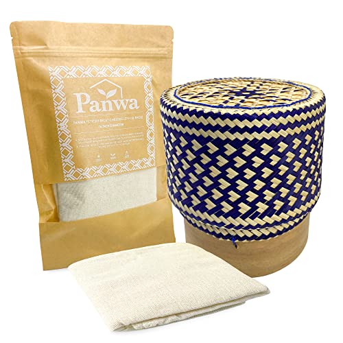 PANWA Bamboo Sticky Rice Serving Basket Thai Kratip Container Royal Blue Butterfly Pea Flower- 5.5 Inch Diameter with 16 Inch Round 6 Pack Reusable Cheesecloth