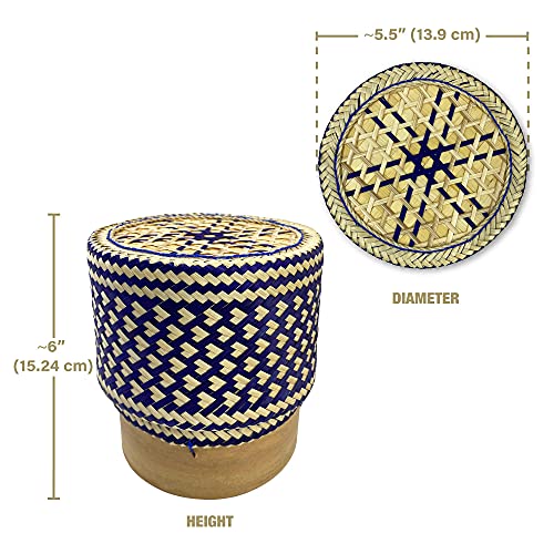 PANWA Bamboo Sticky Rice Serving Basket Thai Kratip Container Royal Blue Butterfly Pea Flower- 5.5 Inch Diameter with 16 Inch Round 6 Pack Reusable Cheesecloth