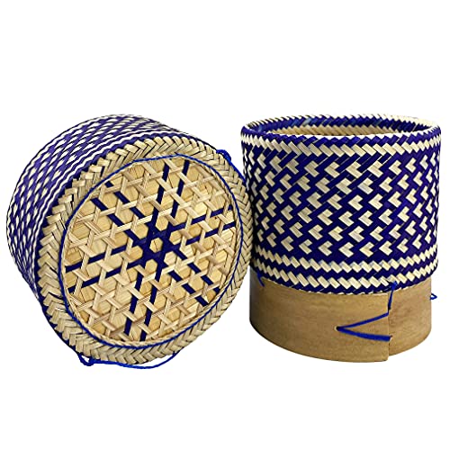 PANWA Bamboo Sticky Rice Serving Basket Thai Kratip Container Royal Blue Butterfly Pea Flower- 5.5 Inch Diameter with 16 Inch Round 6 Pack Reusable Cheesecloth