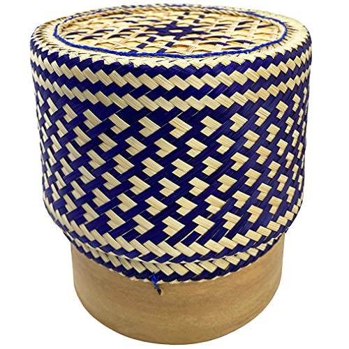 PANWA Bamboo Sticky Rice Serving Basket Thai Kratip Container Royal Blue Butterfly Pea Flower- 5.5 Inch Diameter with 16 Inch Round 6 Pack Reusable Cheesecloth