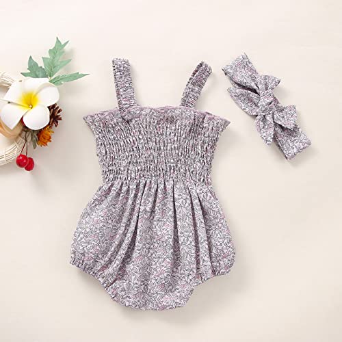 Baby Girl Summer Outfit Cute Newborn Plaid Ruched Romper Playsuit Sleeveless Smocked Strap Ruffled Bodysuit Sunsuit (A Light Grey, 6-12 Months)