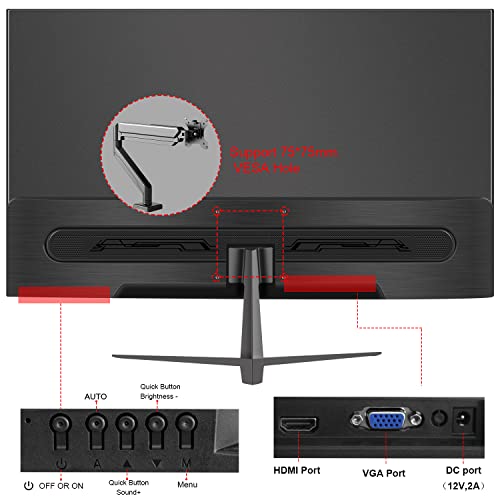 Kenowa Computer Monitor 24 Inch IPS Full HD 1080P Monitor 75Hz 100% sRGB PC Monitor HDMI VGA Port VESA 75 * 75mm Desktop Monitor, for Computer/Laptop/PS4/5/Switch/Xbox Black