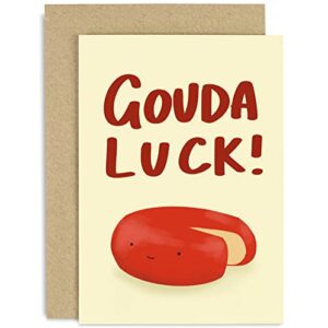 old english co. funny good luck card for him her - 'gouda luck' cheese pun greeting card - encouragement for exams, new job, leaving card for work colleagues | blank inside with envelope