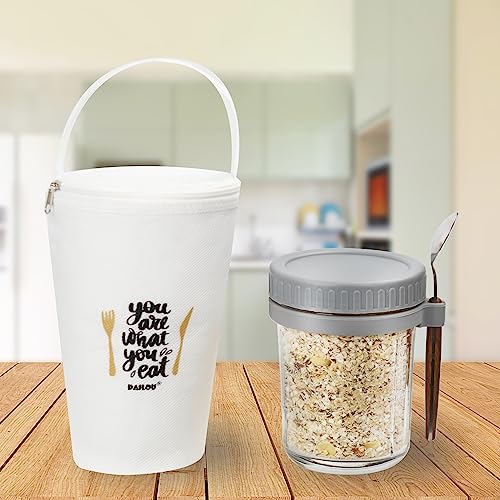 DAILOU Overnight Oats Containers with Lids and Spoons(4-Piece set),16 Oz Glass Mason Overnight Oats Jars,Portable Airtight Oats Container with Measurement Marks,Milk,Vegetable and Fruit Salad Storage Containers.