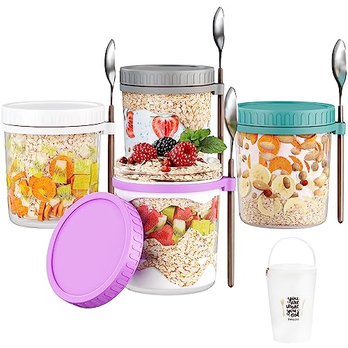 DAILOU Overnight Oats Containers with Lids and Spoons(4-Piece set),16 Oz Glass Mason Overnight Oats Jars,Portable Airtight Oats Container with Measurement Marks,Milk,Vegetable and Fruit Salad Storage Containers.