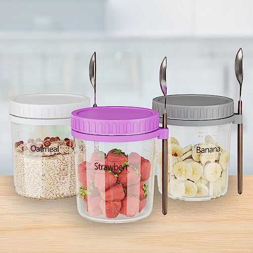 DAILOU Overnight Oats Containers with Lids and Spoons(4-Piece set),16 Oz Glass Mason Overnight Oats Jars,Portable Airtight Oats Container with Measurement Marks,Milk,Vegetable and Fruit Salad Storage Containers.