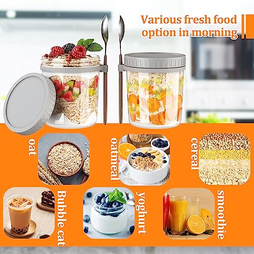 DAILOU Overnight Oats Containers with Lids and Spoons(4-Piece set),16 Oz Glass Mason Overnight Oats Jars,Portable Airtight Oats Container with Measurement Marks,Milk,Vegetable and Fruit Salad Storage Containers.