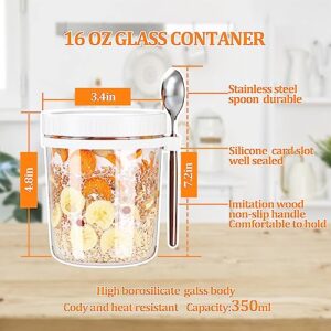 DAILOU Overnight Oats Containers with Lids and Spoons(4-Piece set),16 Oz Glass Mason Overnight Oats Jars,Portable Airtight Oats Container with Measurement Marks,Milk,Vegetable and Fruit Salad Storage Containers.