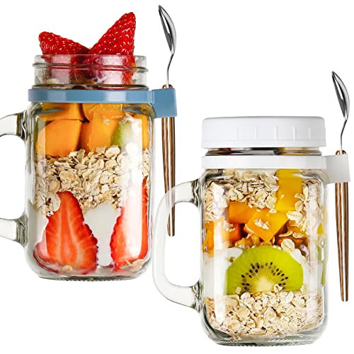 NiHome Overnight Oats Jar with Handle and Spoon 2-Pack, Customizable 16oz Leak-Proof Glass Oat Cup On-The-Go Breakfast, Lunch, Snacks for Dieters and Busy Lifestyles, Ideal for Fresh Fruit, Nuts, Oats