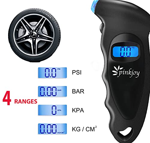 PINKJOY Digital Tire Pressure Gauge 150 PSI, 4 Settings, Tire Gauge for Car, Truck, Motorcycle, Bicycle with Backlit LCD and Non-Slip Grip (Black)