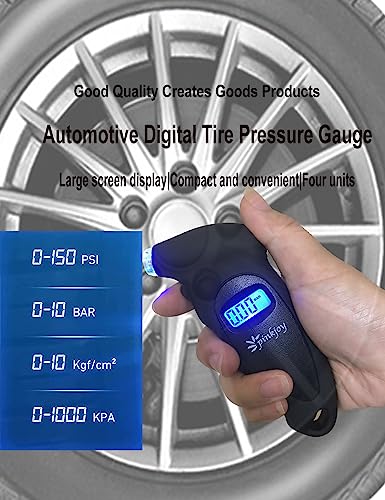 PINKJOY Digital Tire Pressure Gauge 150 PSI, 4 Settings, Tire Gauge for Car, Truck, Motorcycle, Bicycle with Backlit LCD and Non-Slip Grip (Black)