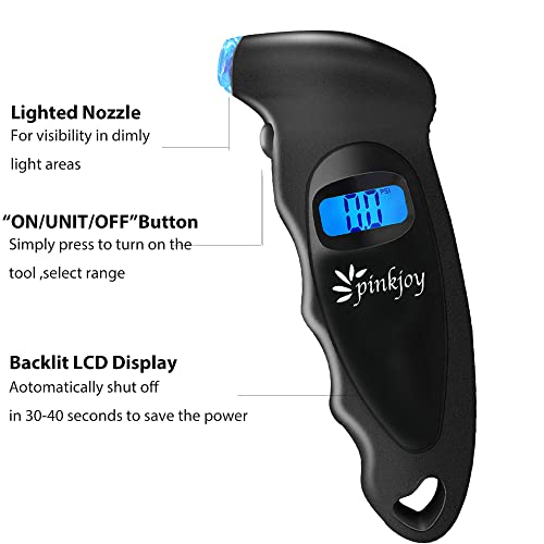 PINKJOY Digital Tire Pressure Gauge 150 PSI, 4 Settings, Tire Gauge for Car, Truck, Motorcycle, Bicycle with Backlit LCD and Non-Slip Grip (Black)