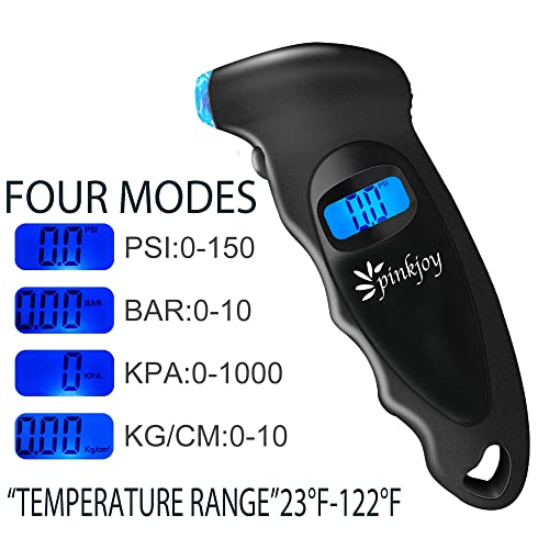 PINKJOY Digital Tire Pressure Gauge 150 PSI, 4 Settings, Tire Gauge for Car, Truck, Motorcycle, Bicycle with Backlit LCD and Non-Slip Grip (Black)