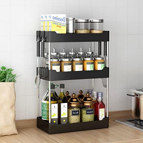 3 Tier Under Sink Organizers and Storage, Kitchen Bathroom Cabinet Organizer with Hooks,Cabinet Basket Storage Shelf,White