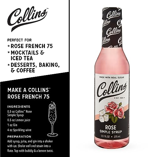 Collins Rose Syrup - Rose Flavor Simple Syrup - Real Sugar Cocktail Syrups - Soda Water Flavors, Cocktail Mixers - 12.7oz Set of 1