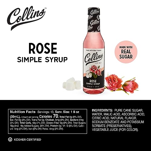 Collins Rose Syrup - Rose Flavor Simple Syrup - Real Sugar Cocktail Syrups - Soda Water Flavors, Cocktail Mixers - 12.7oz Set of 1