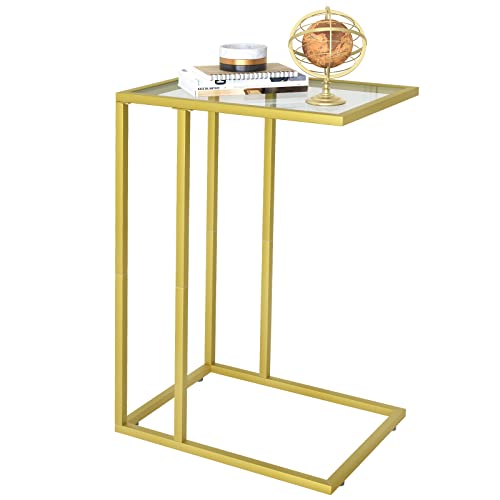 Easy Paws C Shaped Glass End Table, Small Gold Sofa Side Table, Narrow Snack Side Table with Metal Frame &Tempered Glass, TV Tray Table for Small Space, Easy Assembly,Gold