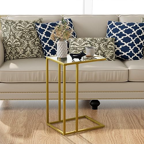 Easy Paws C Shaped Glass End Table, Small Gold Sofa Side Table, Narrow Snack Side Table with Metal Frame &Tempered Glass, TV Tray Table for Small Space, Easy Assembly,Gold