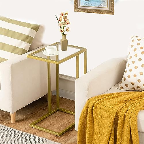 Easy Paws C Shaped Glass End Table, Small Gold Sofa Side Table, Narrow Snack Side Table with Metal Frame &Tempered Glass, TV Tray Table for Small Space, Easy Assembly,Gold