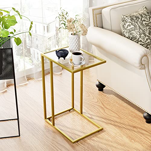 Easy Paws C Shaped Glass End Table, Small Gold Sofa Side Table, Narrow Snack Side Table with Metal Frame &Tempered Glass, TV Tray Table for Small Space, Easy Assembly,Gold