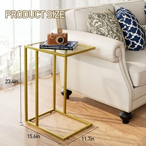 Easy Paws C Shaped Glass End Table, Small Gold Sofa Side Table, Narrow Snack Side Table with Metal Frame &Tempered Glass, TV Tray Table for Small Space, Easy Assembly,Gold